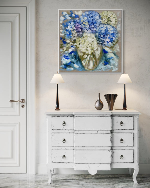 Powder blue Hydrangea- 76x76 cm - original on Belgian linen - Art by Brooks